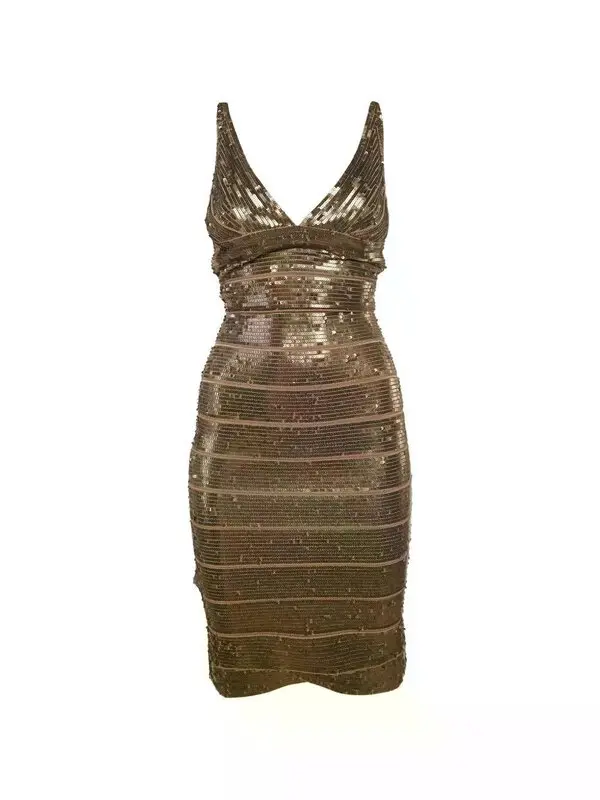 Herve Leger Bronze Sequin Embellished Bandage V-neck Dress - Gold