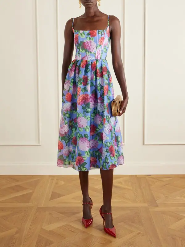 Carolina Herrera Floral Print Silk Crepe Midi Dress