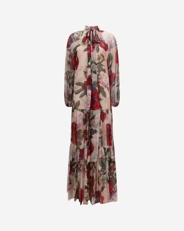 NISSA Printed Silk Maxi Dress With Scarf Detail