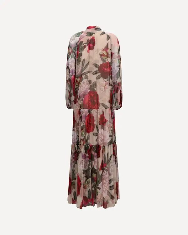 NISSA Printed Silk Maxi Dress With Scarf Detail