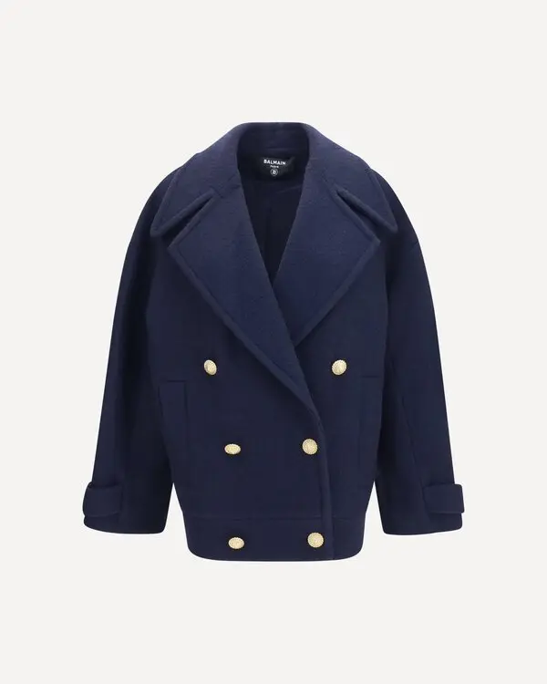 Balmain Double-breasted Wool Coat With Lion Emblem Buttons - Blue