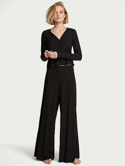 Victoria's Secret So Soft Modal Ultra-fine Henley Top & Wide-leg Pant Set - Black