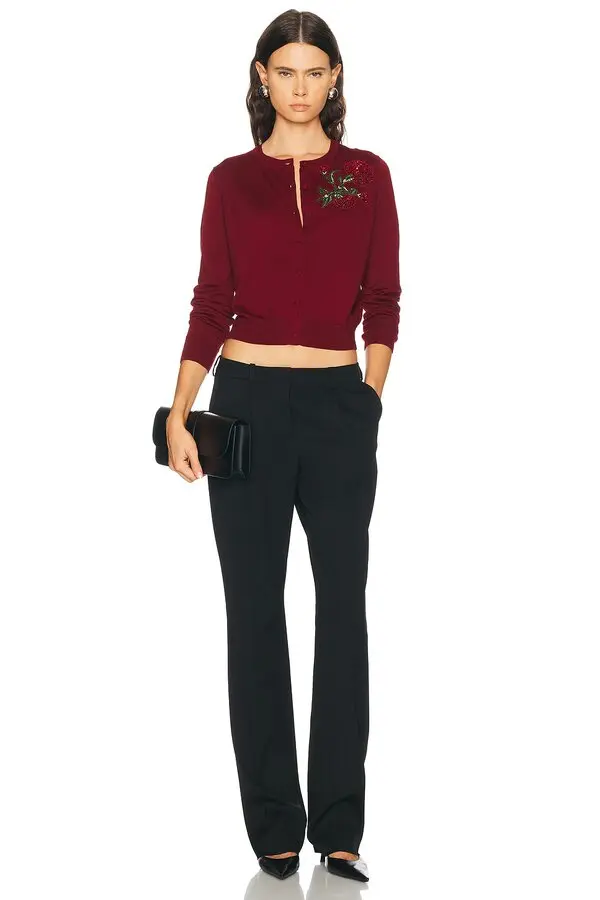 Carolina Herrera Crystal Embroidered Rose Cardigan In Red