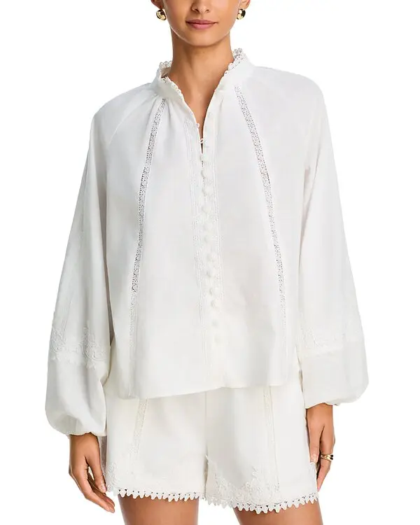 Aqua Button Front Lace Inset Top - Ivory