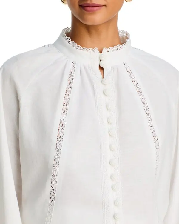 Aqua Button Front Lace Inset Top