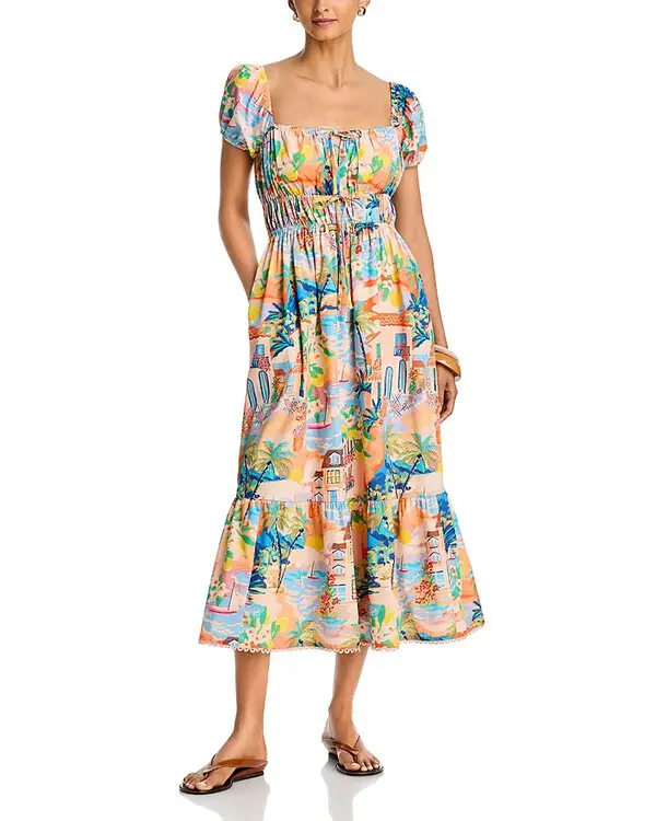 Aqua Villa Print Puff Sleeve Midi Dress - Orange Multi