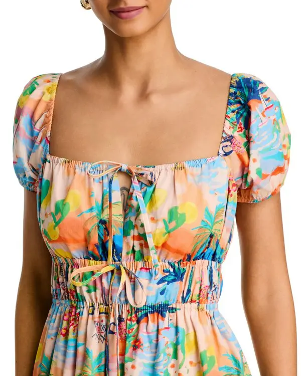 Aqua Villa Print Puff Sleeve Midi Dress