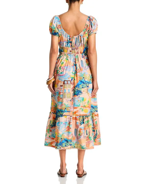 Aqua Villa Print Puff Sleeve Midi Dress
