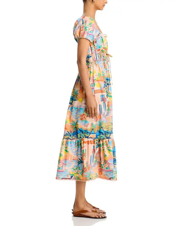 Aqua Villa Print Puff Sleeve Midi Dress