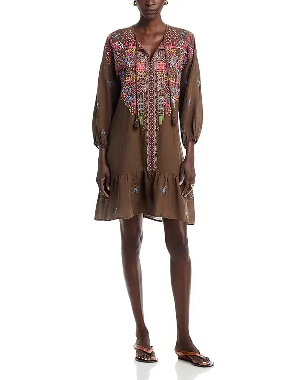 Johnny Was Embroidered Bishop Sleeve Flounce Dress - Chocolate