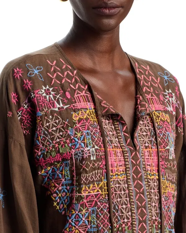 Johnny Was Bishop Sleeve Embroidered Flounce Dress