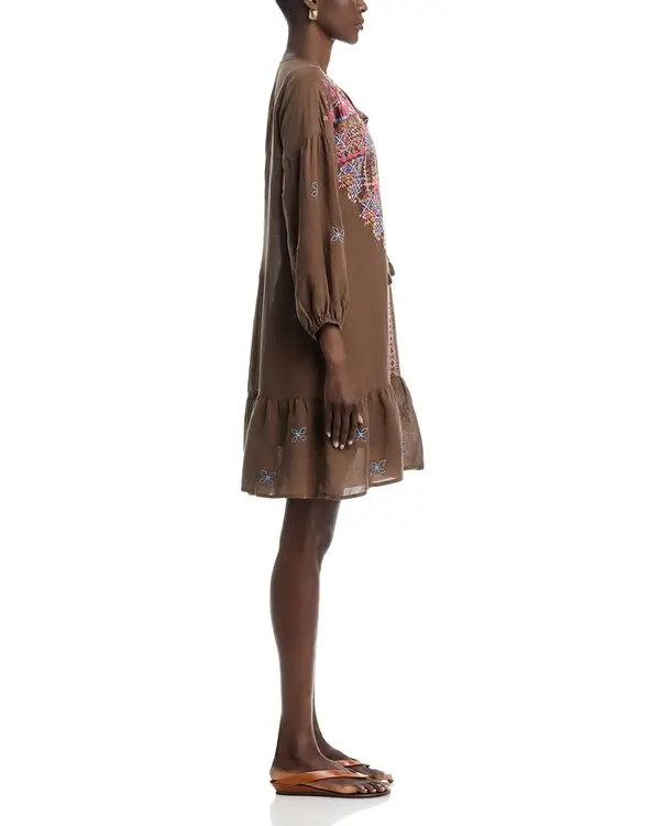 Johnny Was Bishop Sleeve Embroidered Flounce Dress