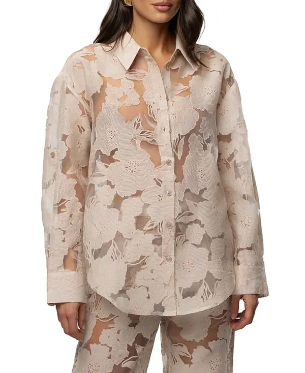 JLUXLABEL Sheer Organza Floral Long Sleeve Blouse - Beige