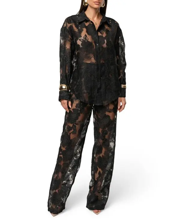 JLUXLABEL Sheer Organza Floral Long Sleeve Blouse - Black