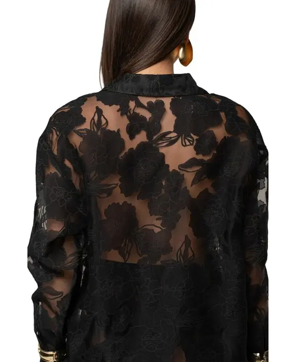 JLUXLABEL Sheer Organza Floral Long Sleeve Blouse - Black