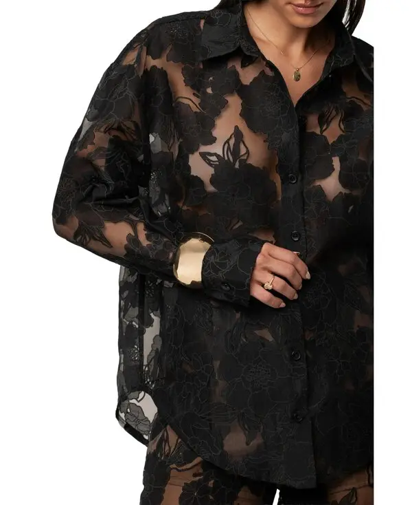 JLUXLABEL Sheer Organza Floral Long Sleeve Blouse - Black