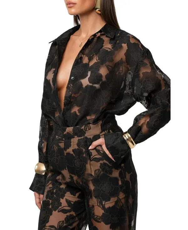 JLUXLABEL Sheer Organza Floral Long Sleeve Blouse - Black
