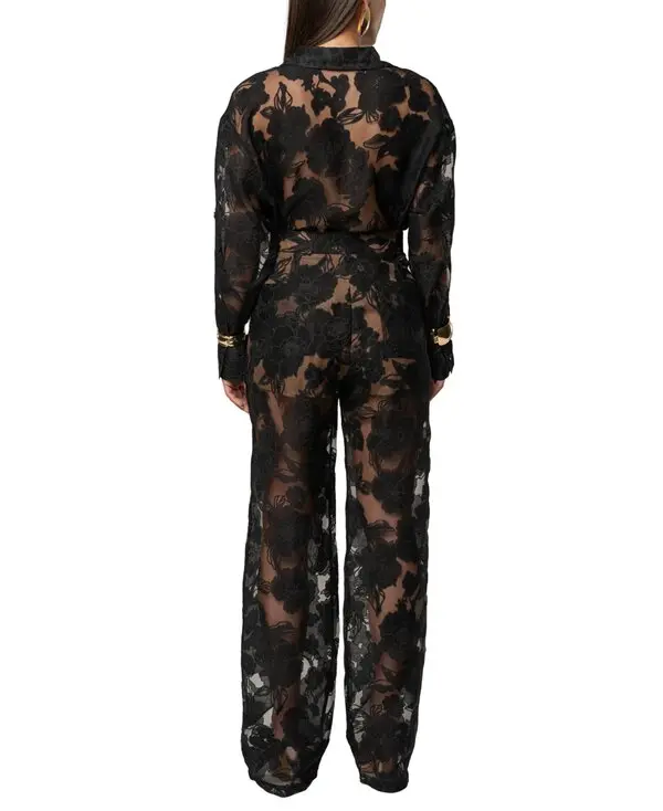 JLUXLABEL Sheer Organza Floral Long Sleeve Blouse - Black