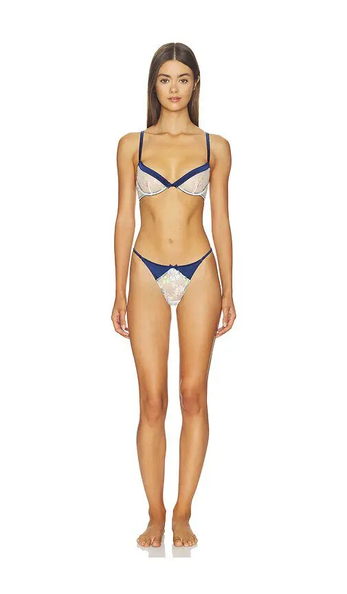 FLEUR DU MAL Delara Embroidered Thong In Navy
