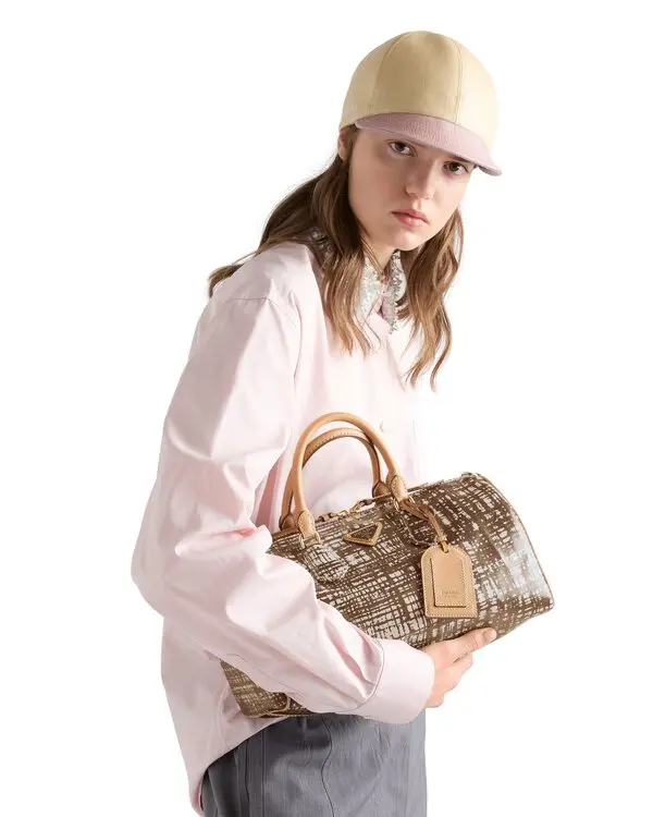 Prada Medium Linen Blend And Leather Top-handle Bag - Brandy