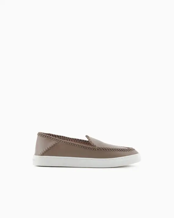 Giorgio Armani Slip Shoe In Leather With Visible Stitching - Beige