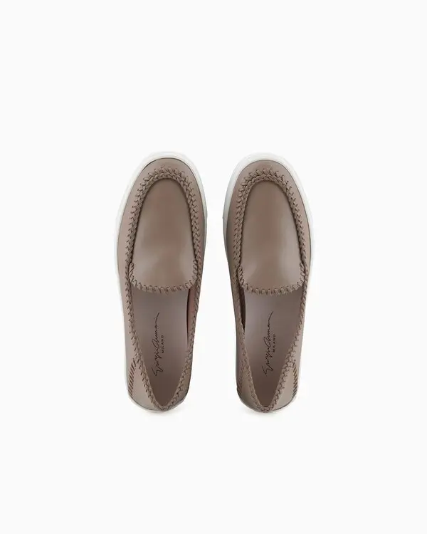 Giorgio Armani Slip Shoe In Leather With Visible Stitching