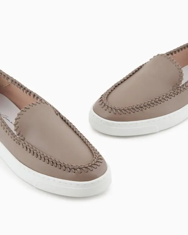 Giorgio Armani Slip Shoe In Leather With Visible Stitching