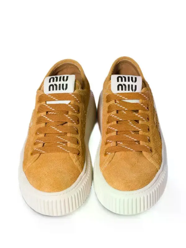 Miu Miu Suede Embroidered Logo Sneakers - Neutrals