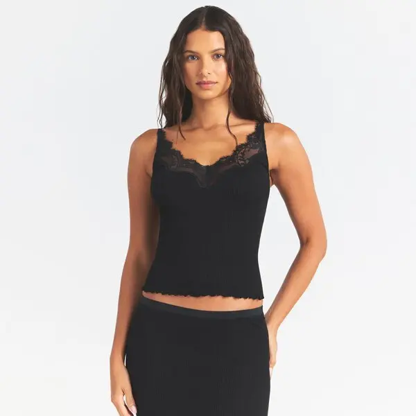 SKIMS Lace Cami Top | Black | | Rib Knit