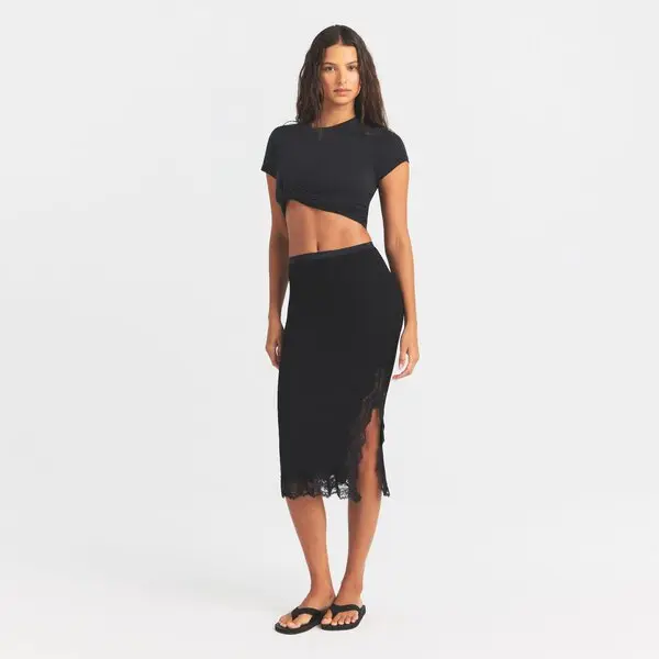 SKIMS Lace Midi Skirt | Black | | Rib Knit - Obsidian