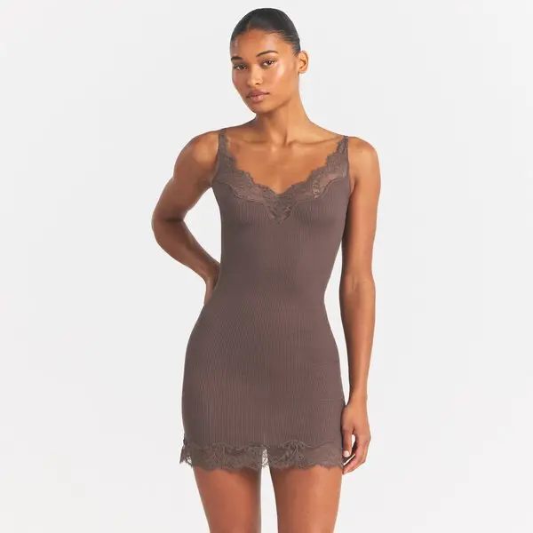 SKIMS Lace Mini Dress | Deep Neutral | | Rib Knit