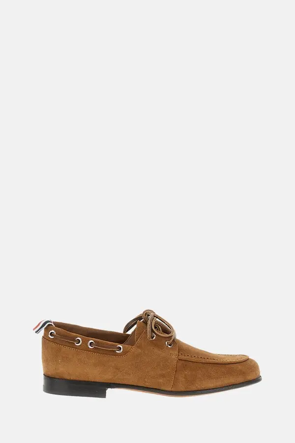 Thom Browne Suede Leather Boat Shoes With Tricolor Grosgrain Tab - Brown