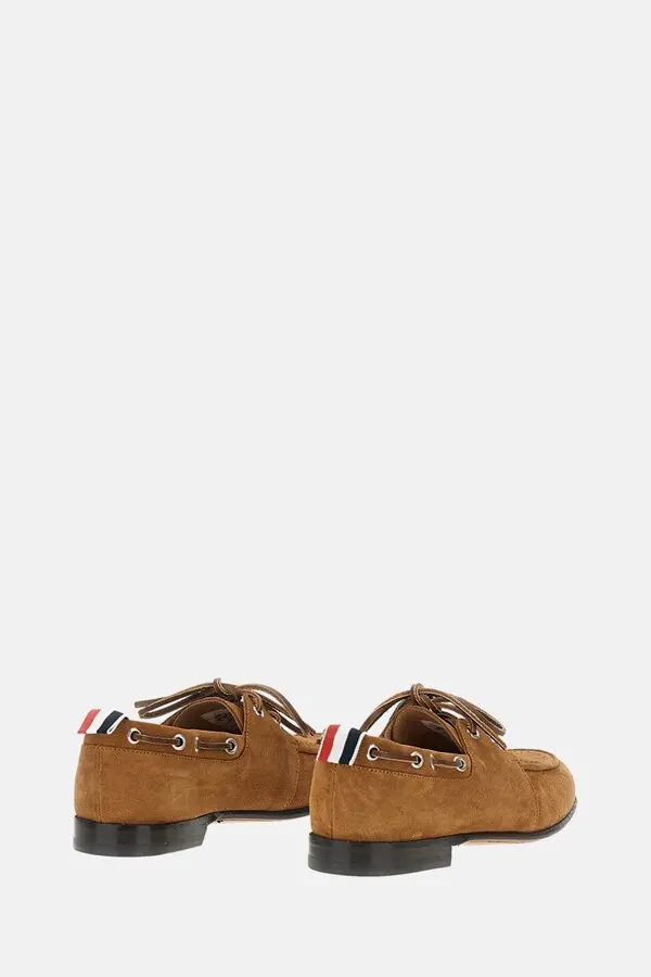 Thom Browne Suede Leather Boat Shoes With Tricolor Grosgrain Tab - Brown