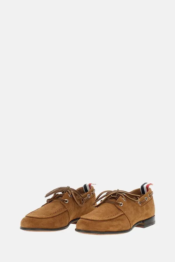 Thom Browne Suede Leather Boat Shoes With Tricolor Grosgrain Tab - Brown