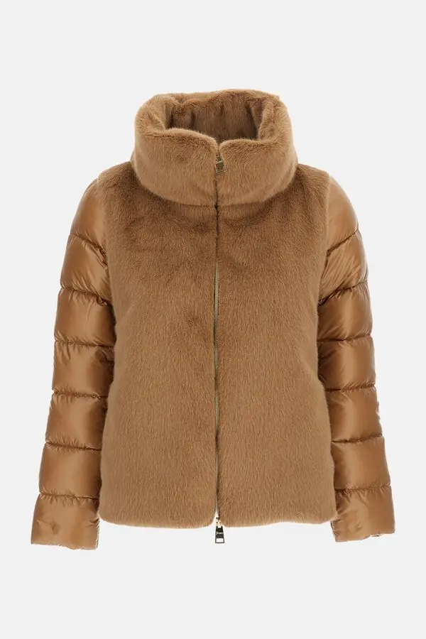 Herno High-collar Down Jacket With Faux Fur - Beige
