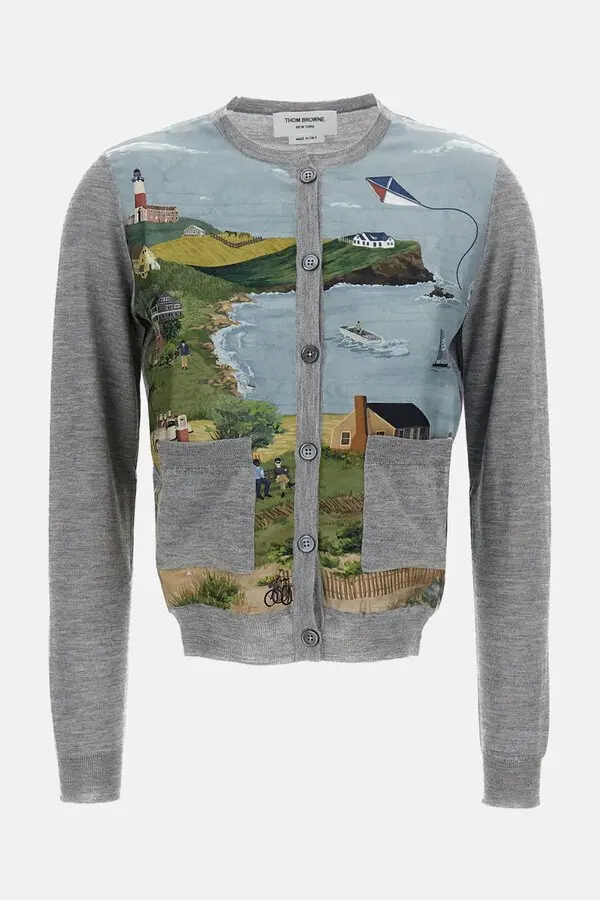 Thom Browne Cashmere And Silk Knit Cardigan With Nantucket Print - Grey