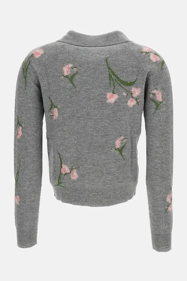 Erdem Floral Motif Merino Wool Knit Polo Sweater - Grey