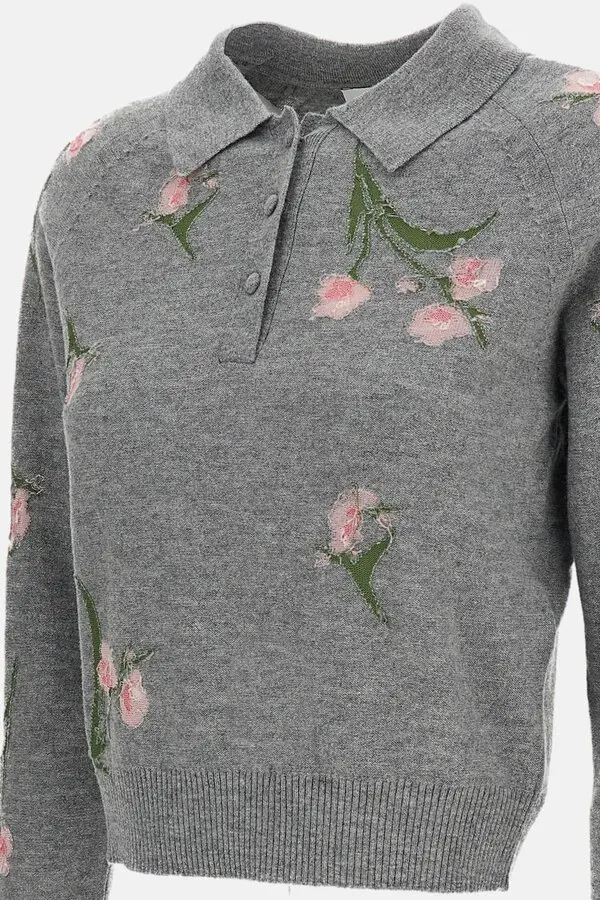 Erdem Floral Motif Merino Wool Knit Polo Sweater - Grey