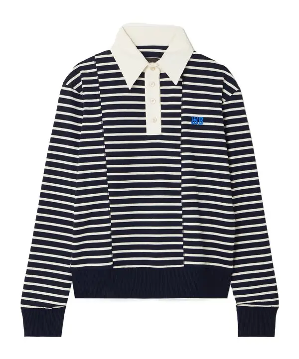 WALES BONNER Striped Cotton-jersey Polo Shirt With Embroidered Logo - Black