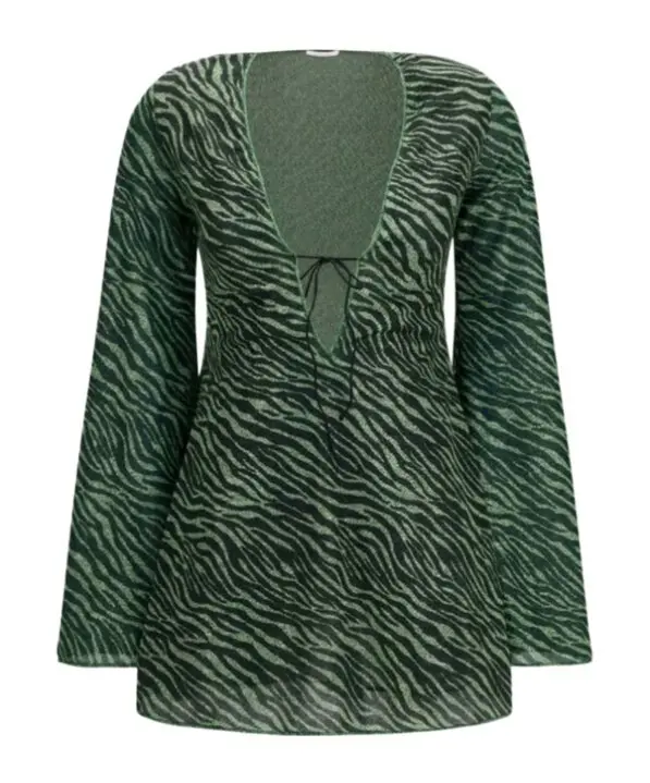 Oseree Zebra Print Deep V-neck Mini Dress - Green