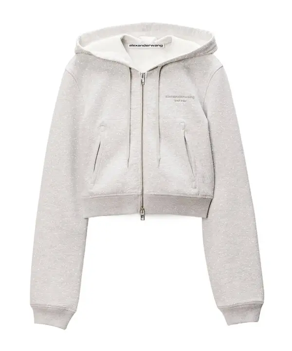 Alexander Wang Embellished Zip-up Cropped Hoodie - Light Heather Ash