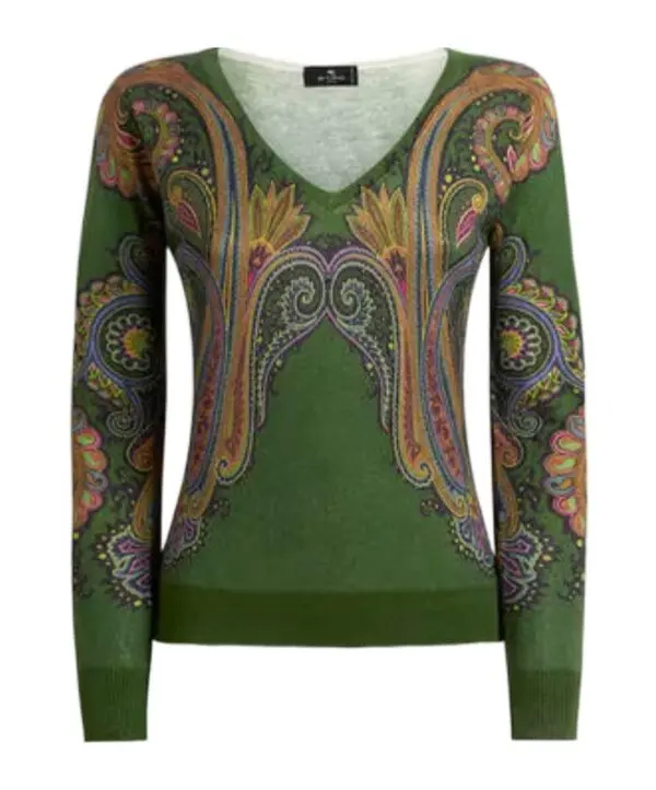 Etro Silk And Cashmere Sweater With V-neck And Placed Paisley-print - Green