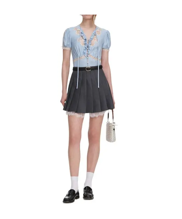SELF-PORTRAIT Lace Trimmed Puff Sleeve Top With Pearl Buttons - No