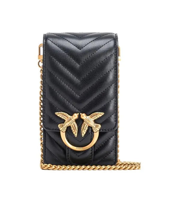 Pinko Love One Smartphone Bag With Quilted Herringbone Pattern And Diamond Cut Buckle - Black
