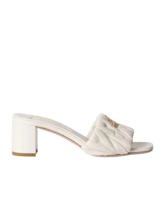 Miu Miu Matelassé Nappa Leather Slides With Gold Lettering Logo - White