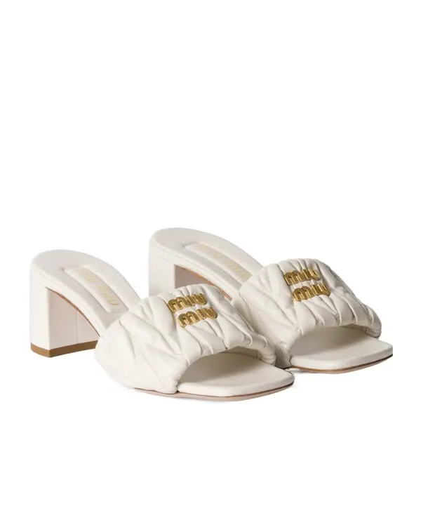 Miu Miu Matelassé Nappa Leather Slides With Gold Lettering Logo - White