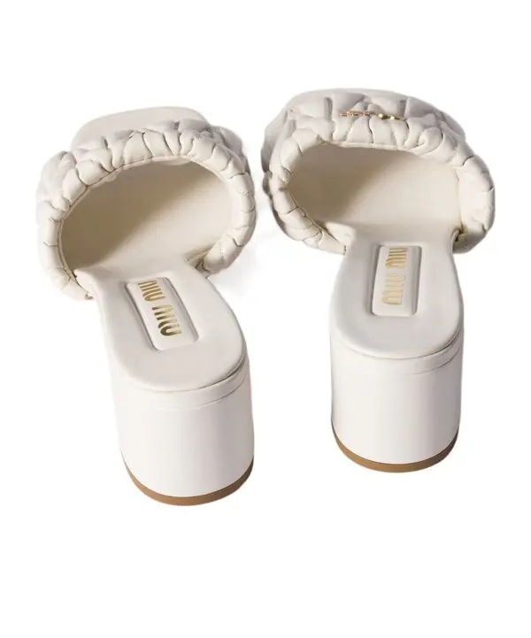 Miu Miu Matelassé Nappa Leather Slides With Gold Lettering Logo - White