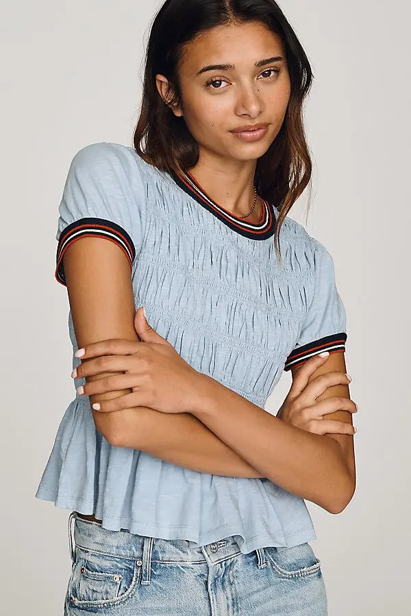 PILCRO Cotton Smocked Peplum Tee - Chambray