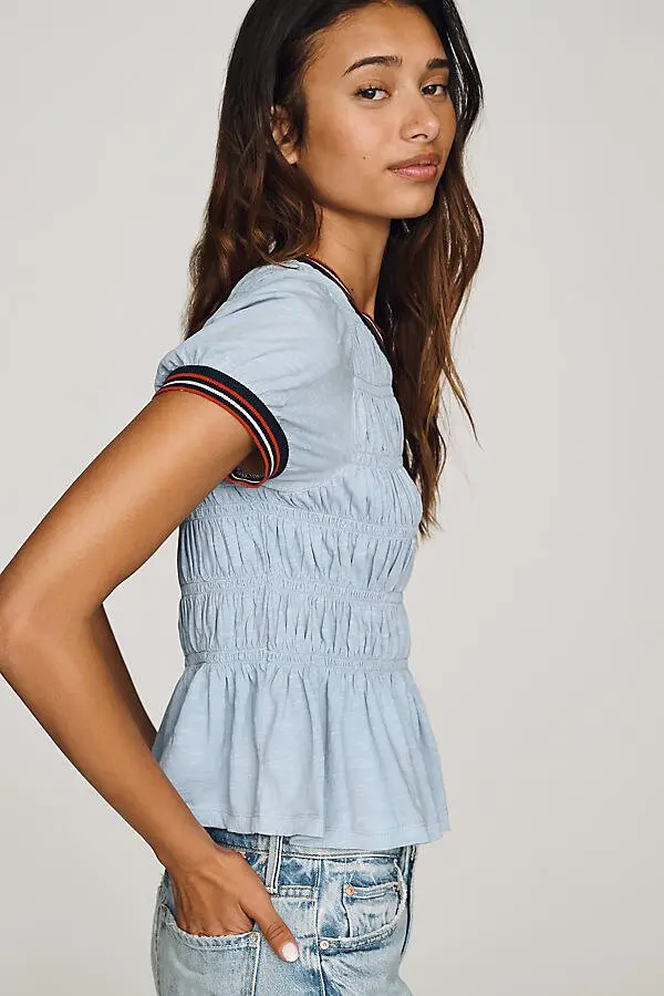 PILCRO Cotton Smocked Peplum Tee - Chambray
