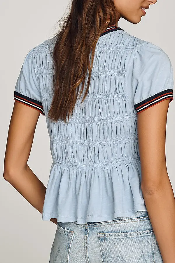 PILCRO Cotton Smocked Peplum Tee - Chambray